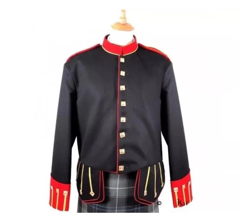 Men’s Scottish Red & Black Doublet Kilt Jacket Highland Military Unifo ...